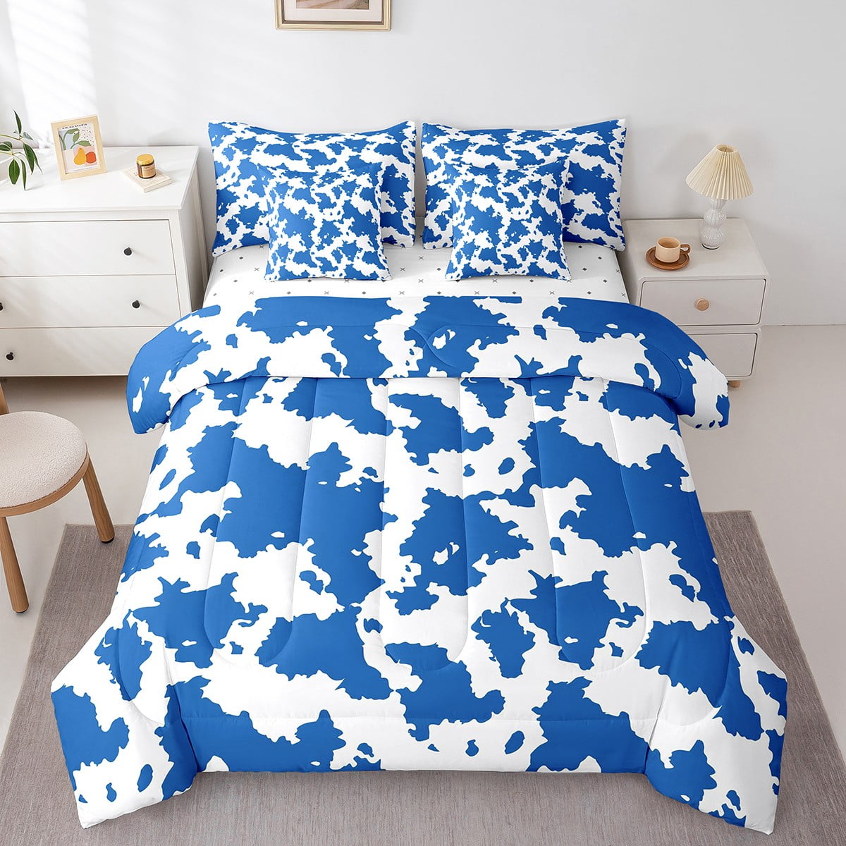 Dark Blue Cowhide Full Comforter Set - 7 Pieces Bed in a Bag Set,Bull ...