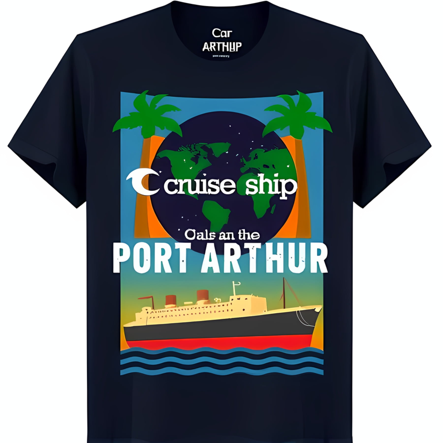 Dark Blue Cruise Ship T-Shirt with World Map Graphic & Trees ' on the ...