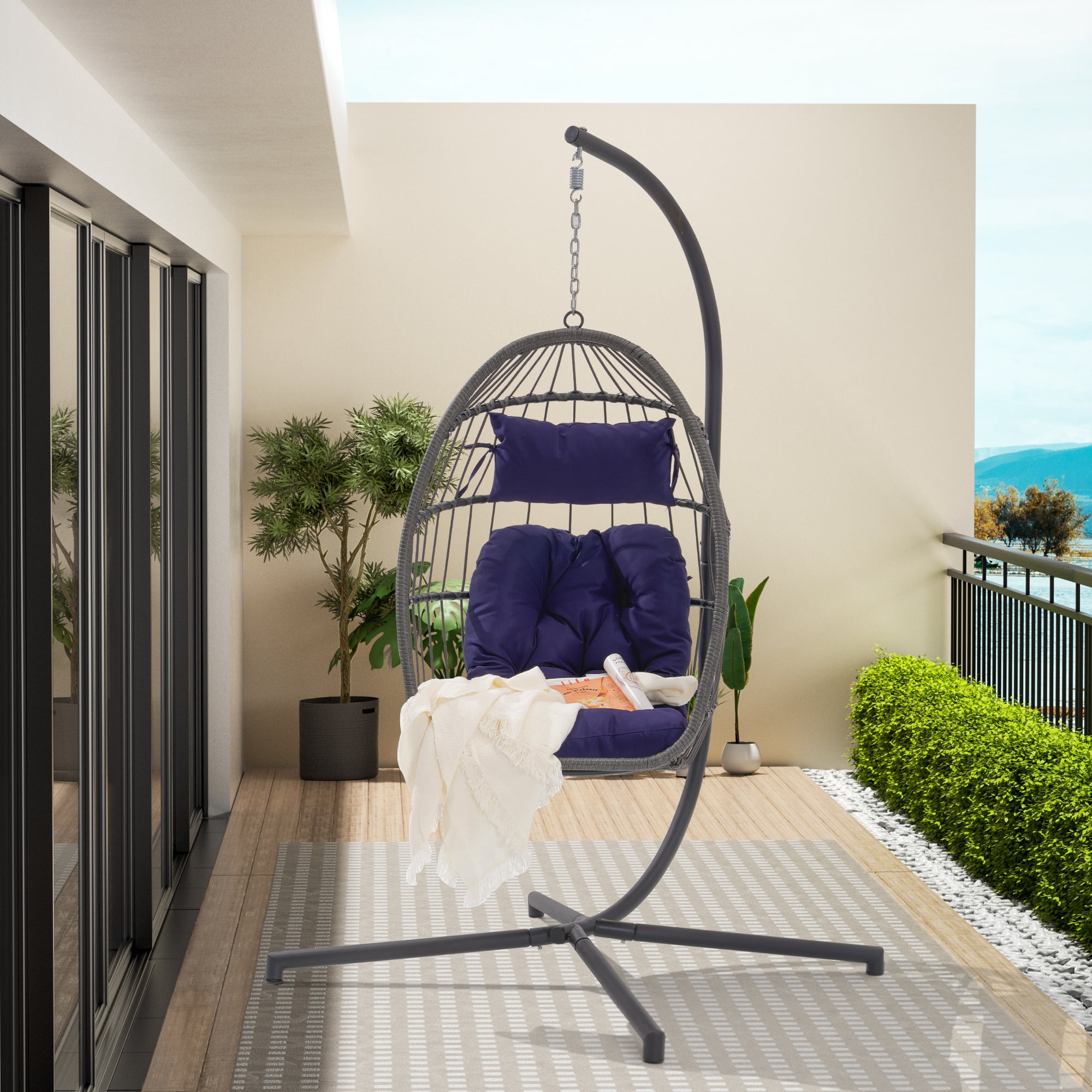 Dark Blue Cushion Rattan Egg Swing Chair - Outdoor Hanging Garden Patio ...
