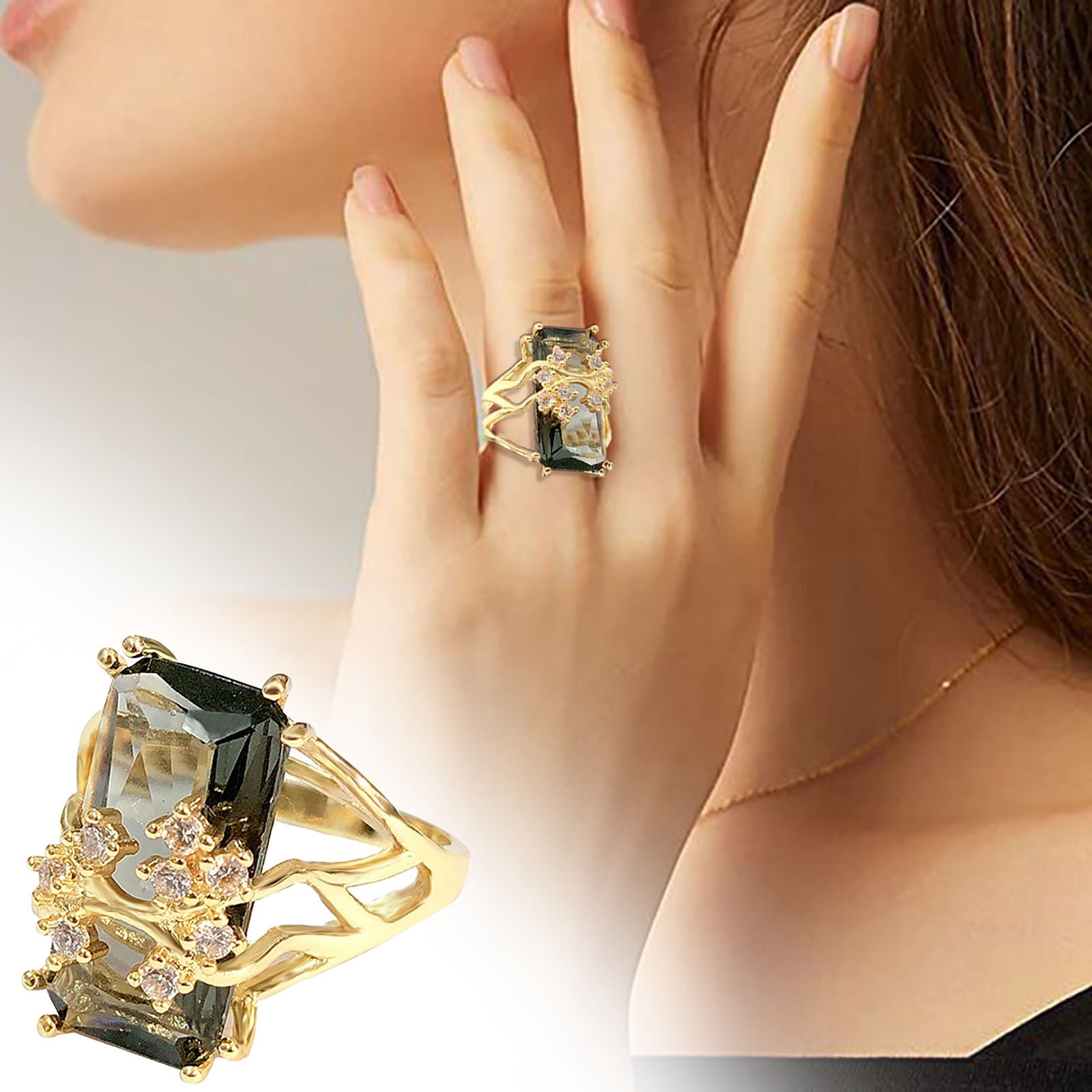 Dark Blue Diamond Cool Ring, Square Cubic Zirconia Gold Simulated ...