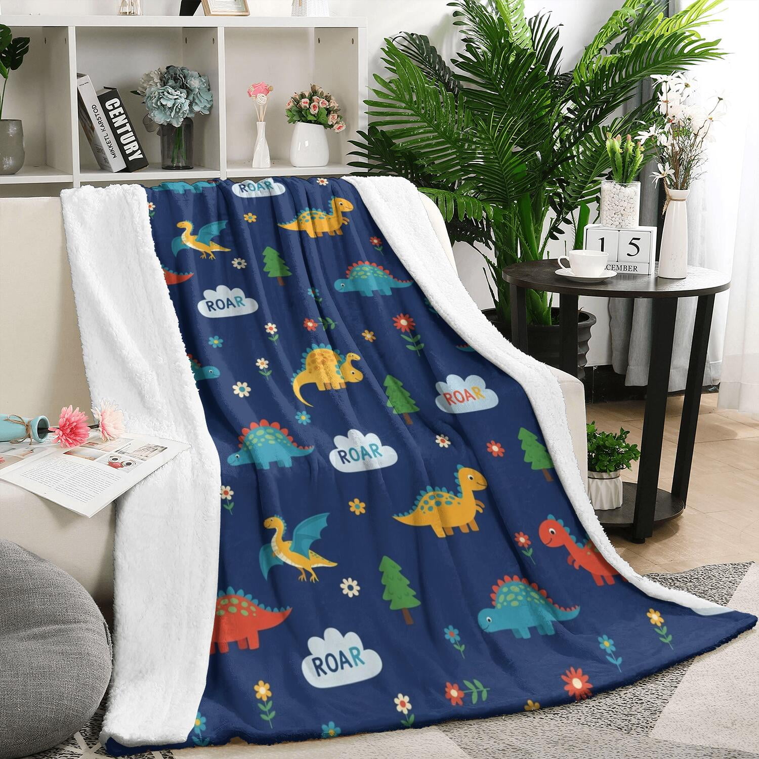 Dark Blue Dinosaurs ROAR Pattern Blanket,Comfortable Soft Flannel Throw ...