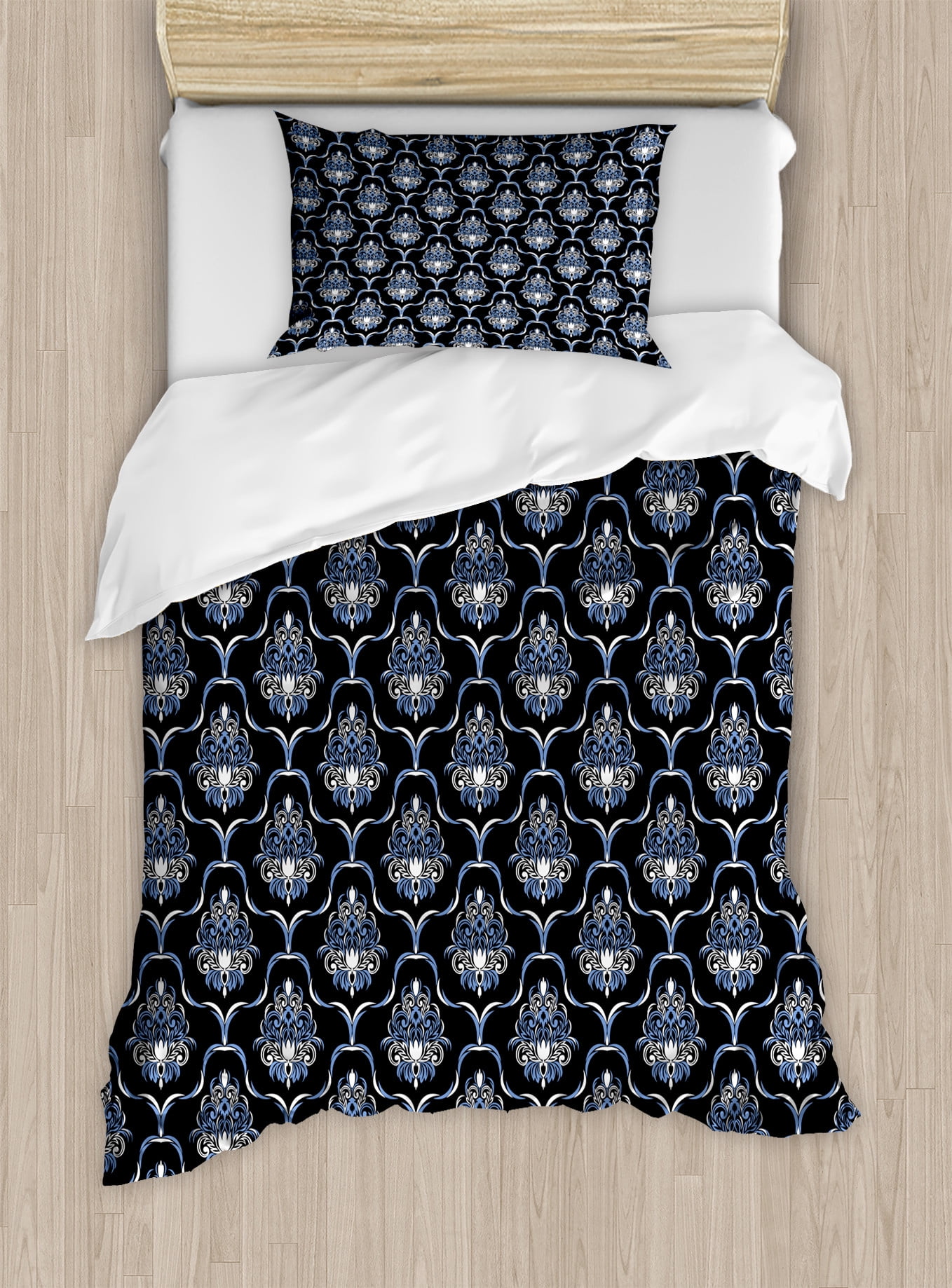Dark Blue Duvet Cover Set, Vintage Royal Damask Motifs Swirls Curvy ...