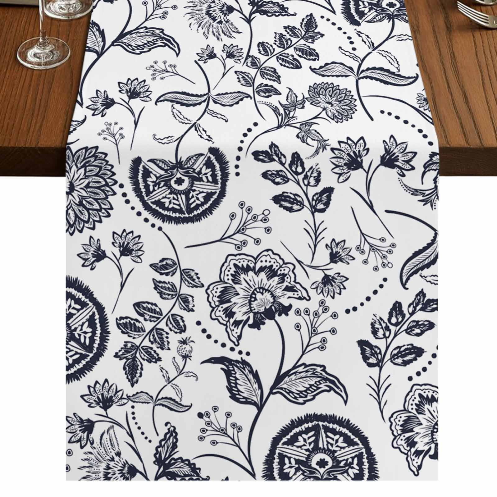 Dark Blue Farmhouse 72 Inch Table Runner, Floral Floral Plant Leaf ...