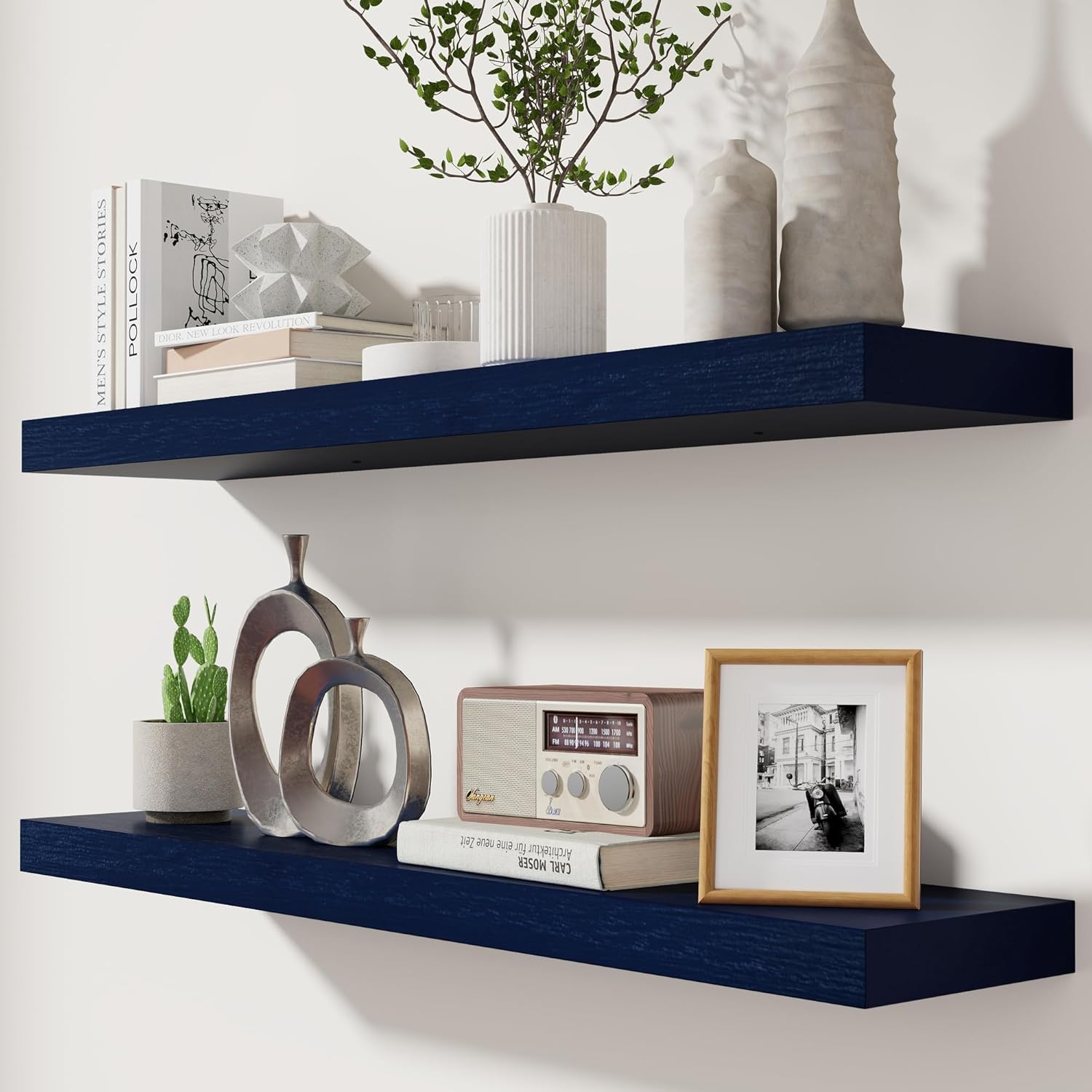 Dark Blue Floating Shelves 36 Inch, Solid Wooden Wall Shelves Set of 2 ...