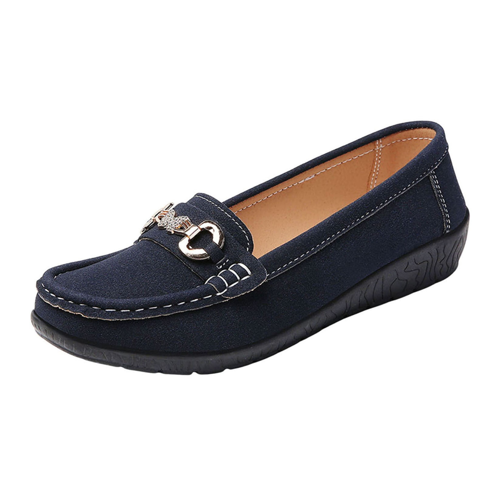 Dark Blue Flocked Slip On Loafers For Women With Non Slip Bottom ...