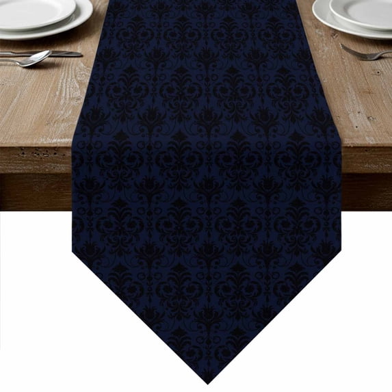 Dark Blue Floral Abstract Table Runner Linen Burlap Table Runner 70 ...