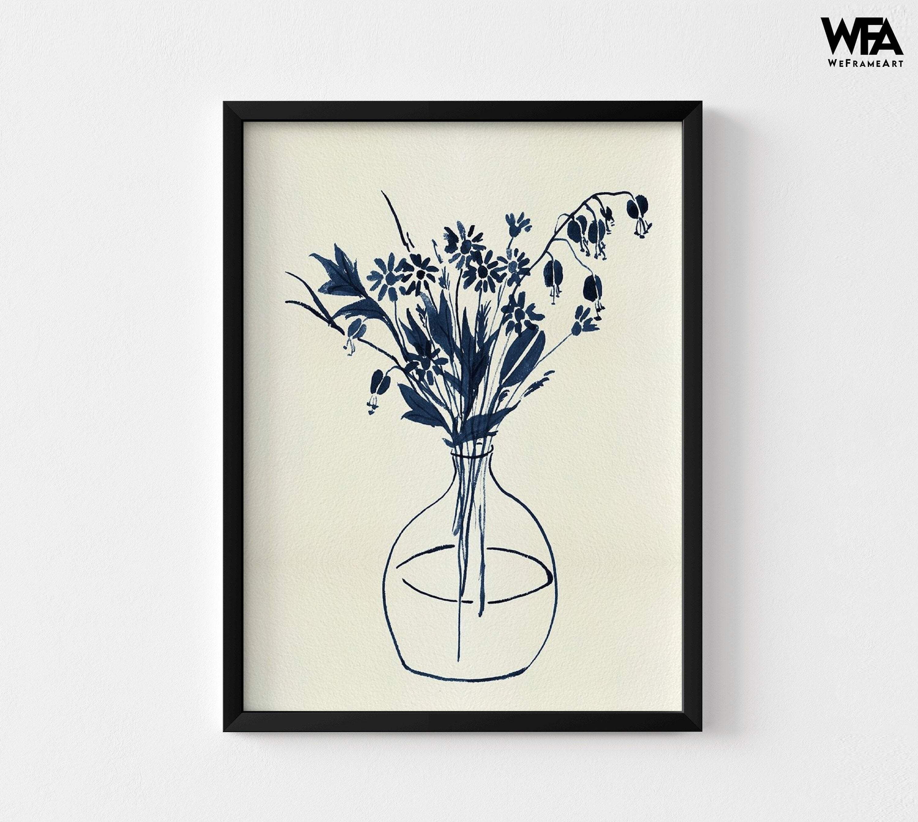 Dark Blue Floral Painting Print, Delicate Blue Wall Decor,Framed Blue ...