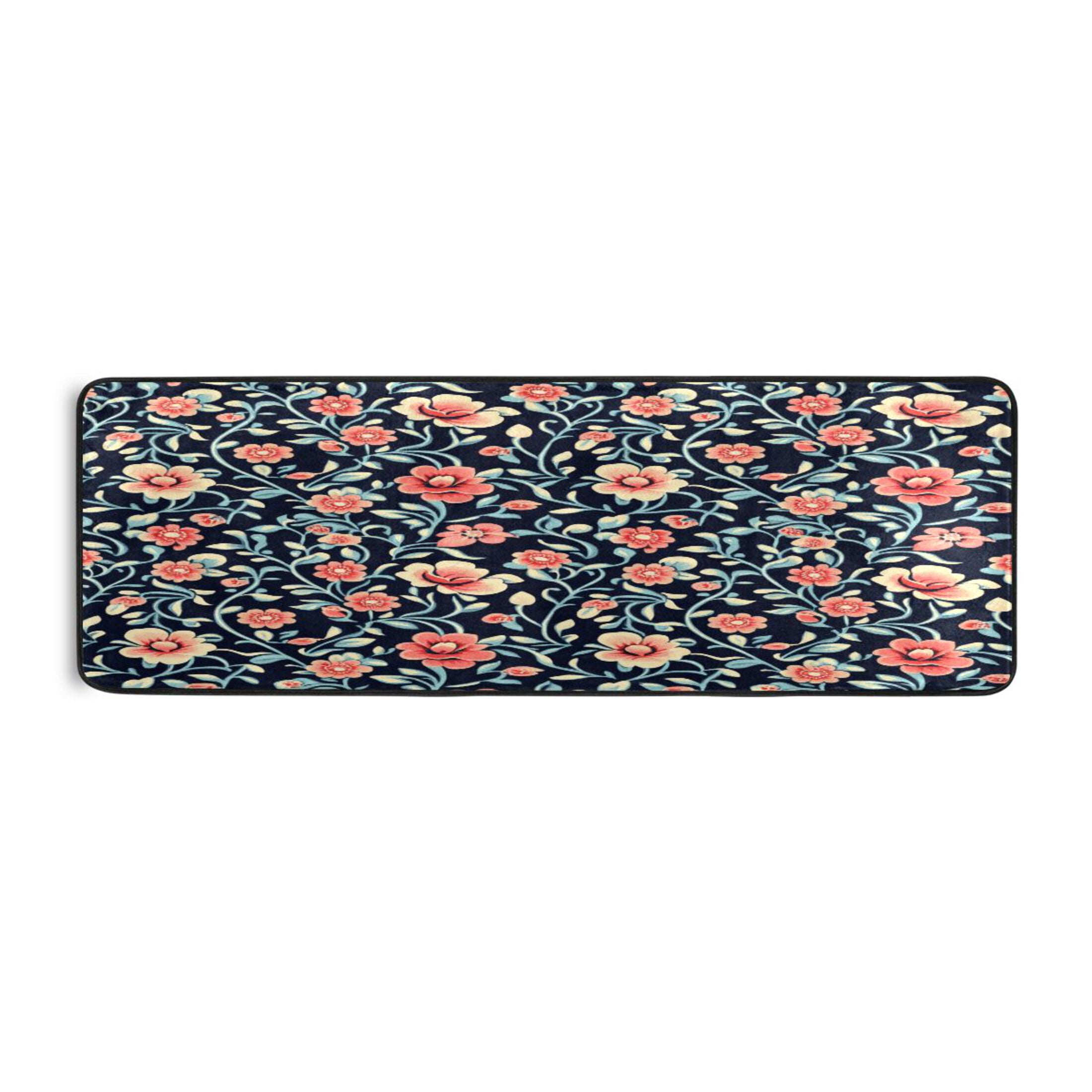 Dark Blue Floral Print 72x24" Runner Rug, Non-Slip Memory Foam Cushion ...