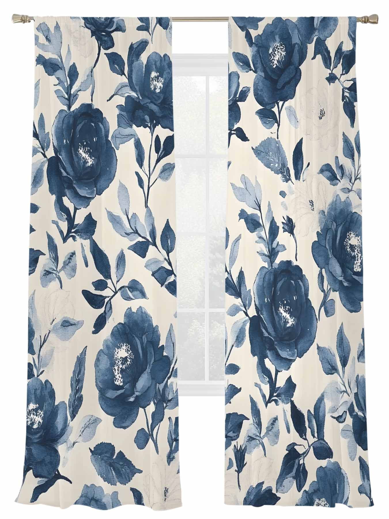 Dark Blue Floral Sheer Curtains 2 Panels Set Retro Flower Leaf Blossom ...