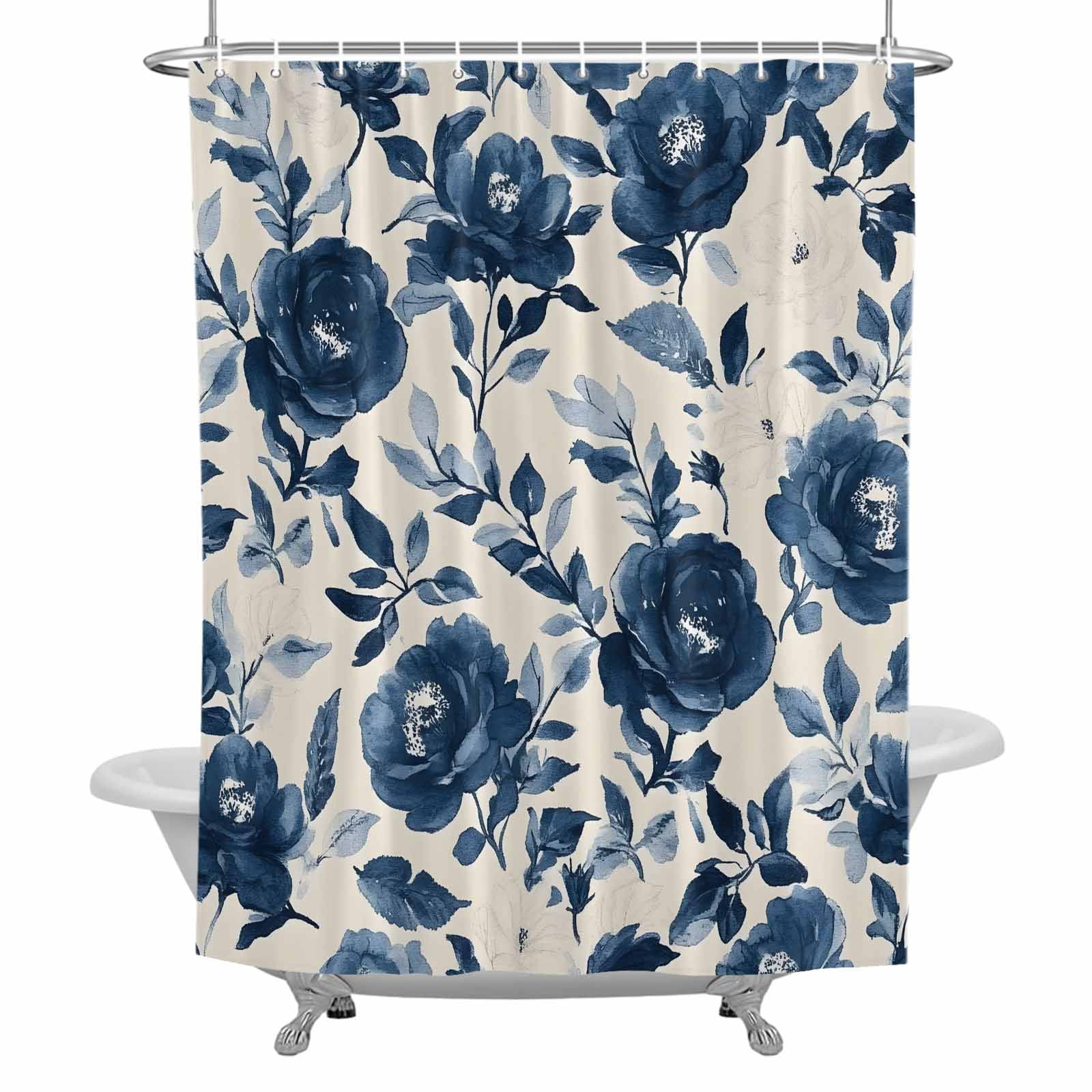 Dark Blue Floral Shower Curtain for Bathroom, Retro Flower Leaf Blossom ...