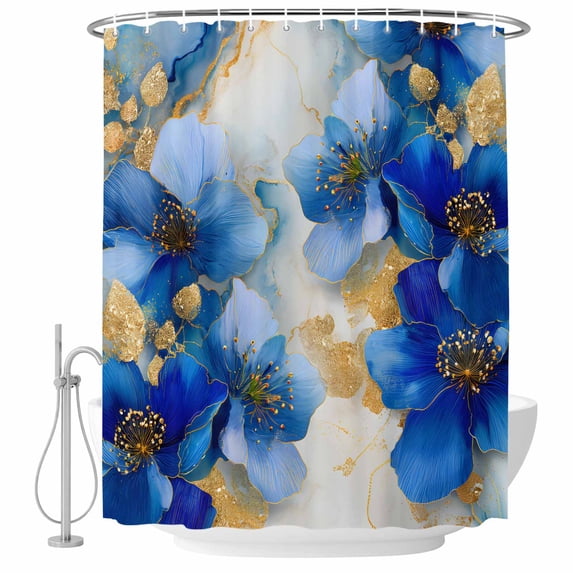 Dark Blue Floral Shower Curtain Set with Hooks, Luxurious Gold Blue ...
