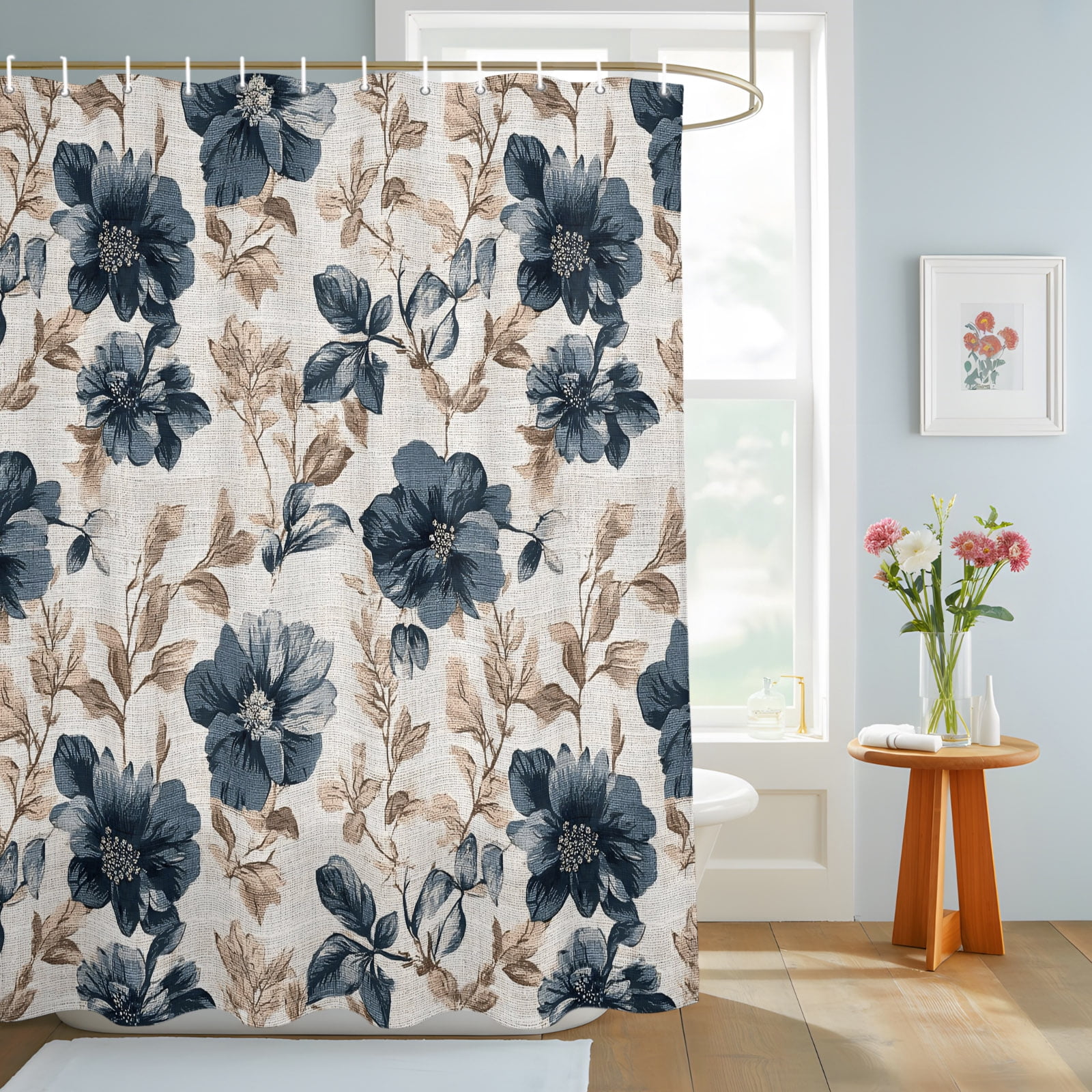 Dark Blue Floral Shower Curtain, Vintage Flower Botanical Brown Leaves ...