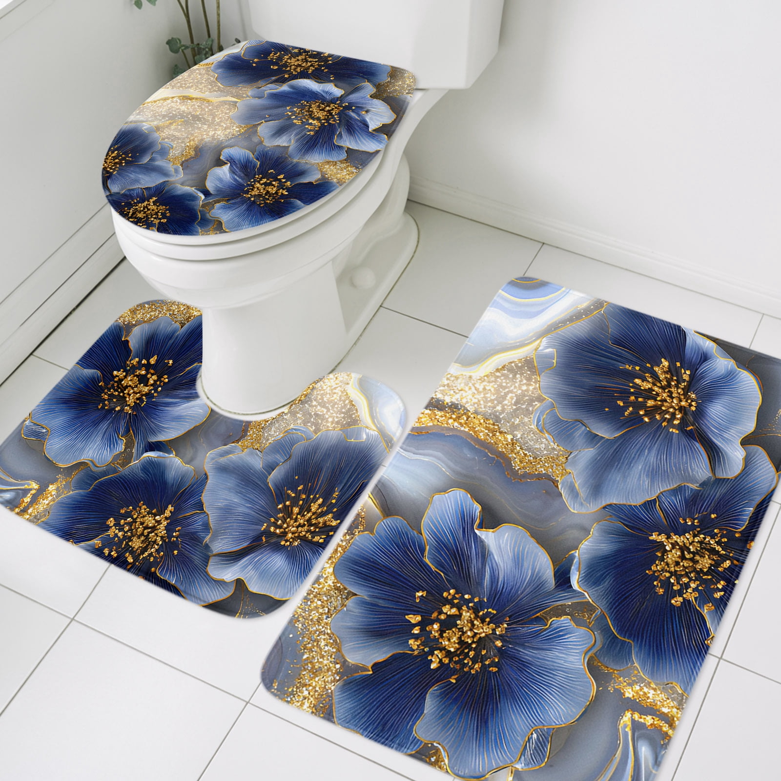 Dark Blue Flowers Bathroom Rugs Set Romantic Dark Blue Floral Gold ...