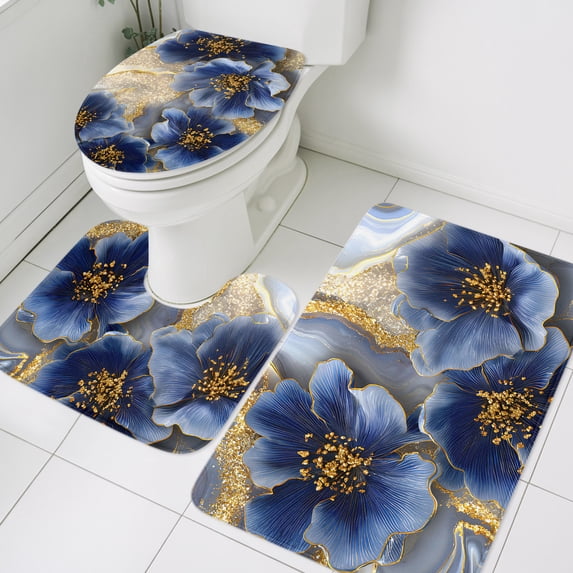 Dark Blue Flowers Bathroom Rugs Set Romantic Dark Blue Floral Gold ...