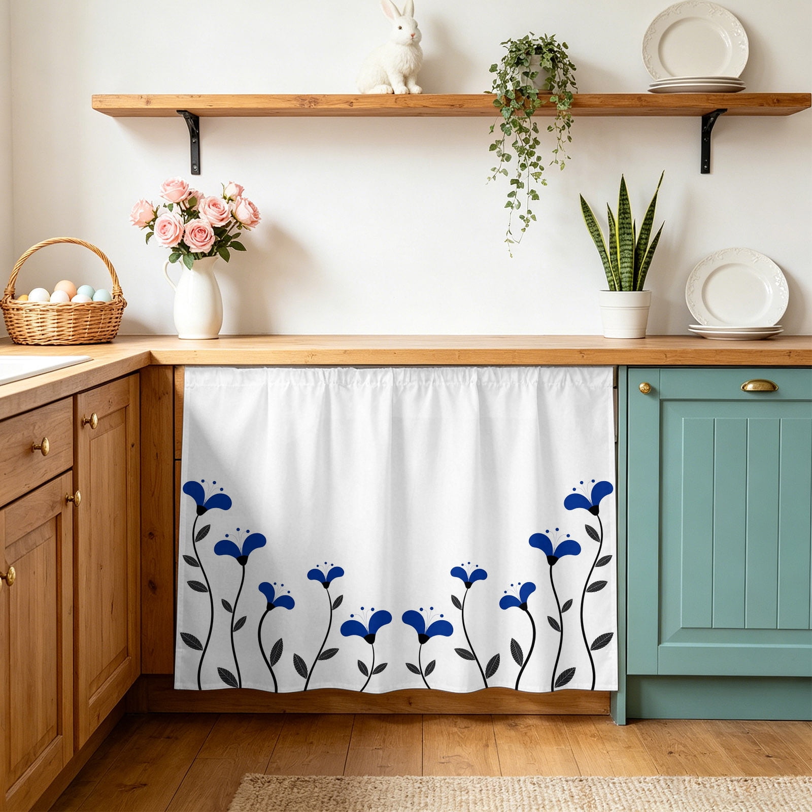 Dark Blue Flowers Cabinet Curtains 28" W x 35" L Abstract Spring Autumn ...