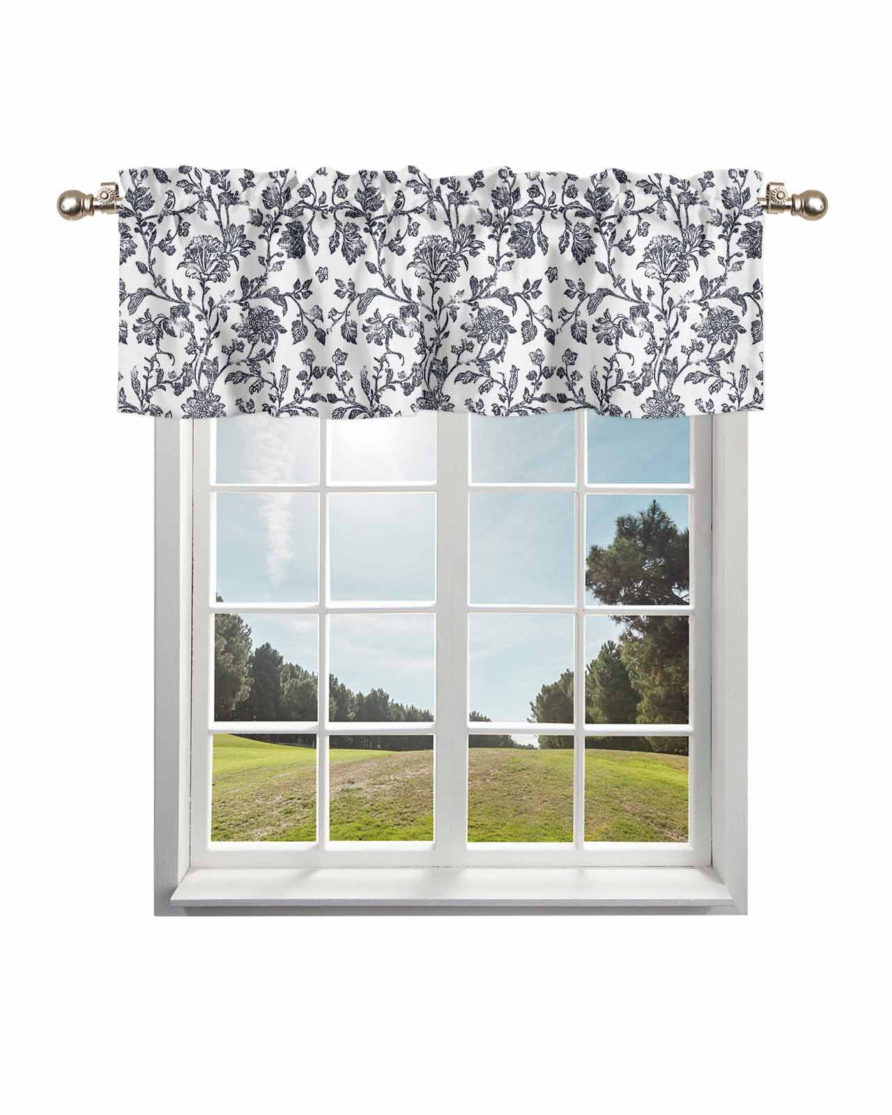 Dark Blue Flowers Curtain Valance for Windows/Living Room/Kitchen/Bathroom/Café, Short Rod ...