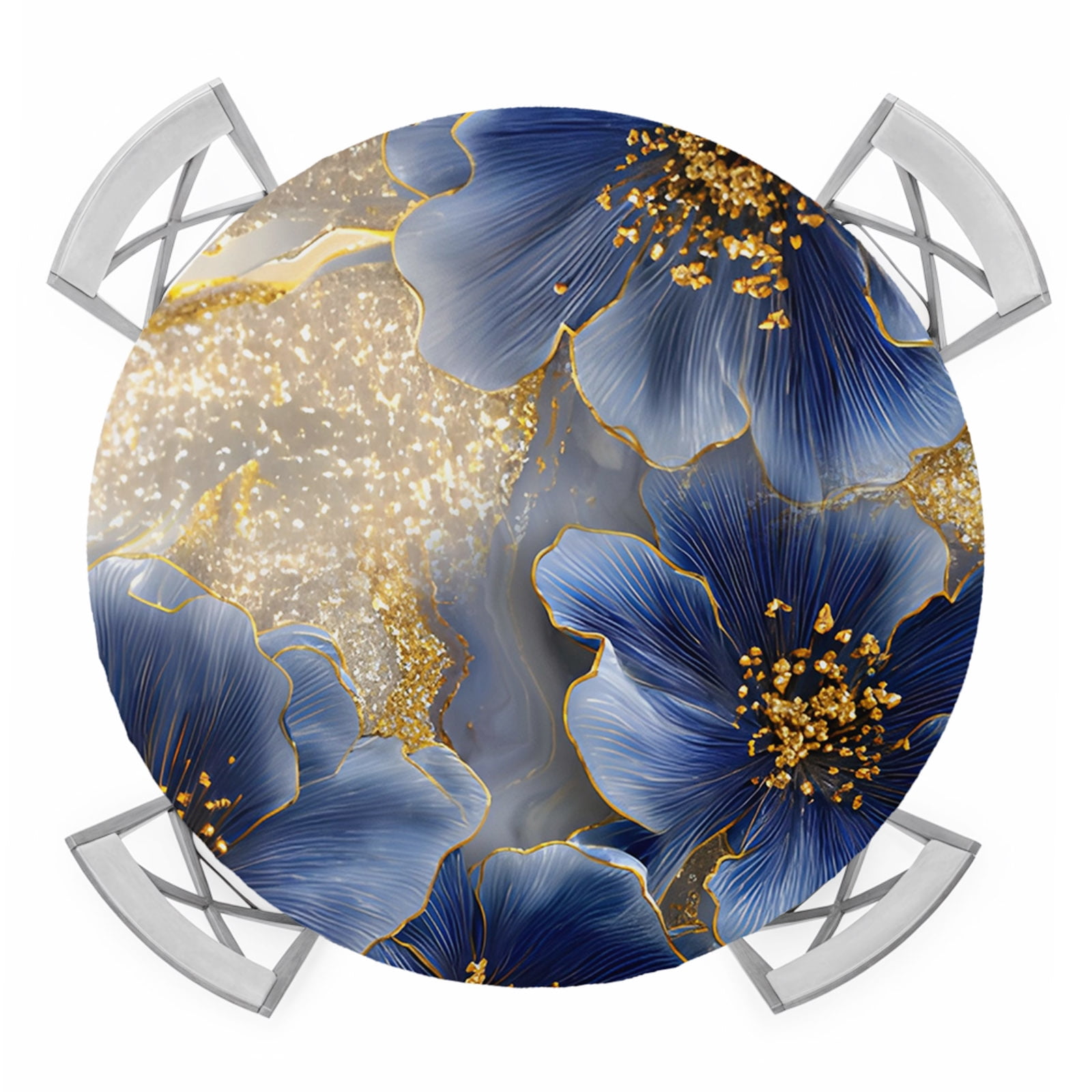 Dark Blue Flowers Round Table Cover, Romantic Dark Blue Floral Gold ...