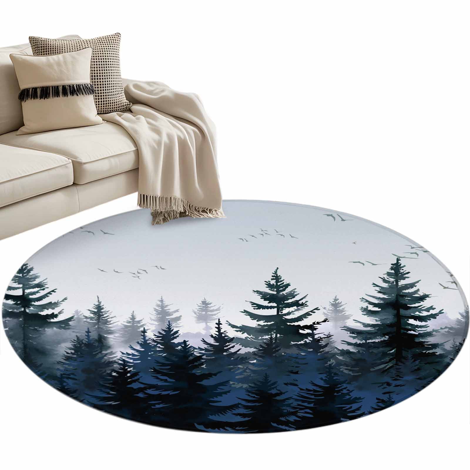 Dark Blue Forest Area Rug, Bird Vintage Tree Nature Landscape Washable ...