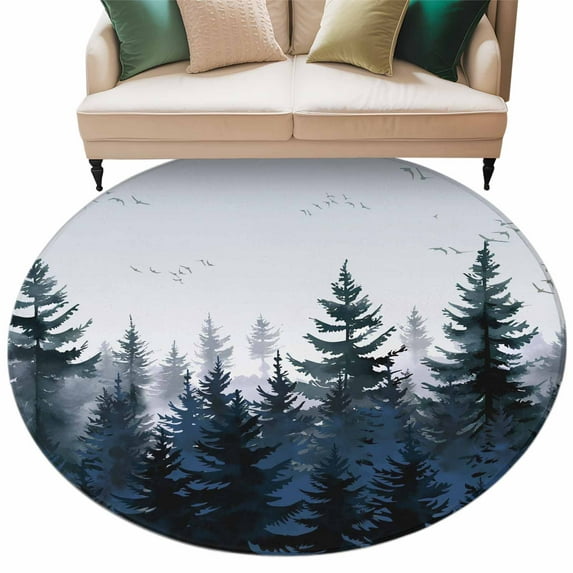 Dark Blue Forest Area Rug, Bird Vintage Tree Nature Landscape Washable ...