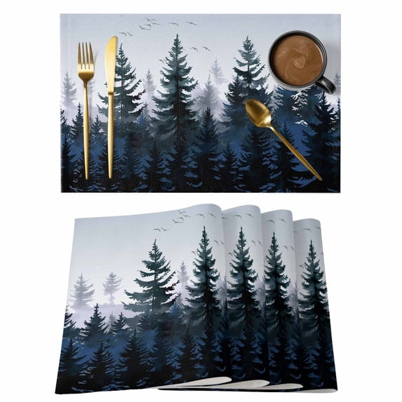 Dark Blue Forest Cotton Linen Placemats Set of 6, Bird Vintage Tree ...