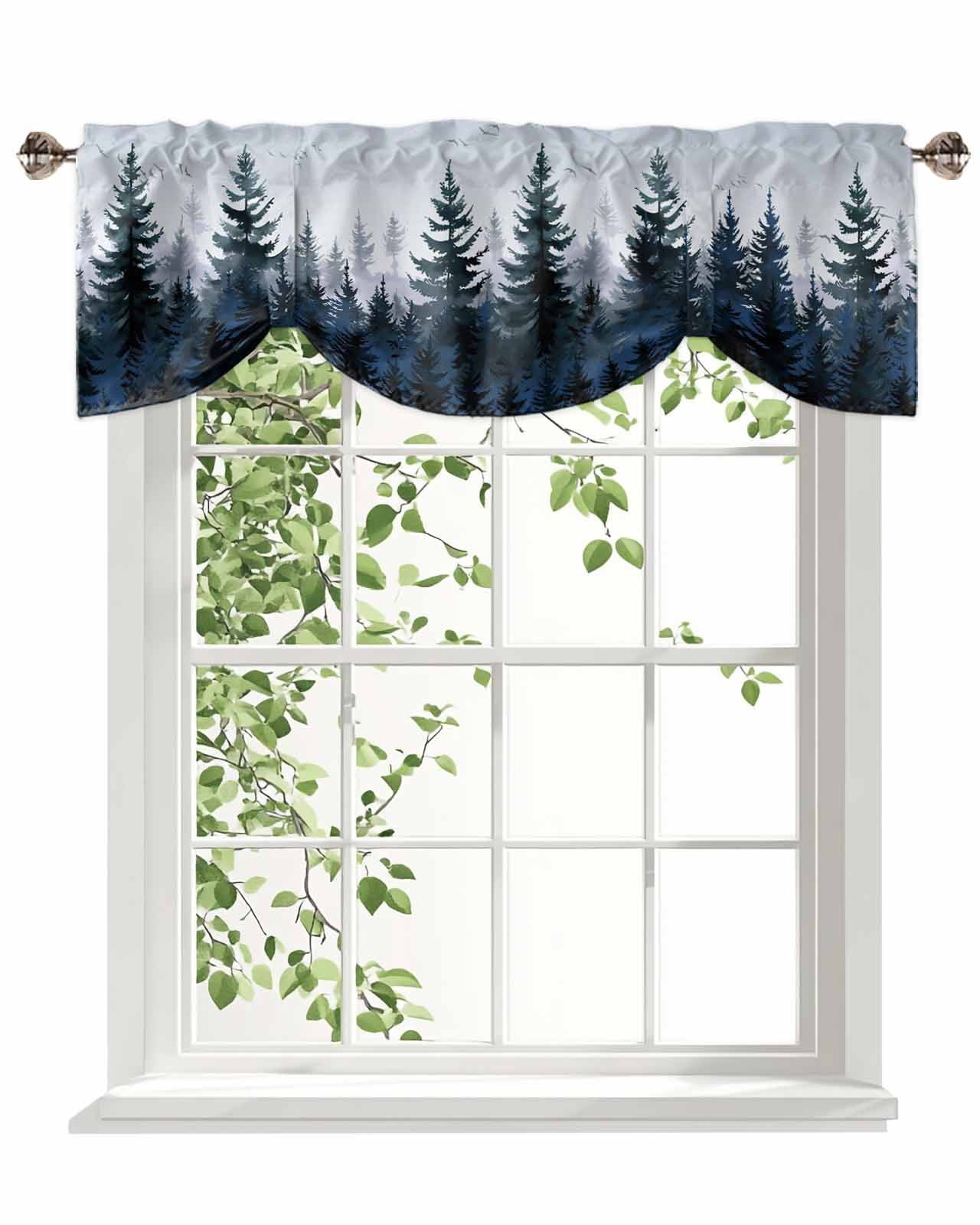 Dark Blue Forest Tie Up Valances Curtain, Adjustable Kitchen Bird ...