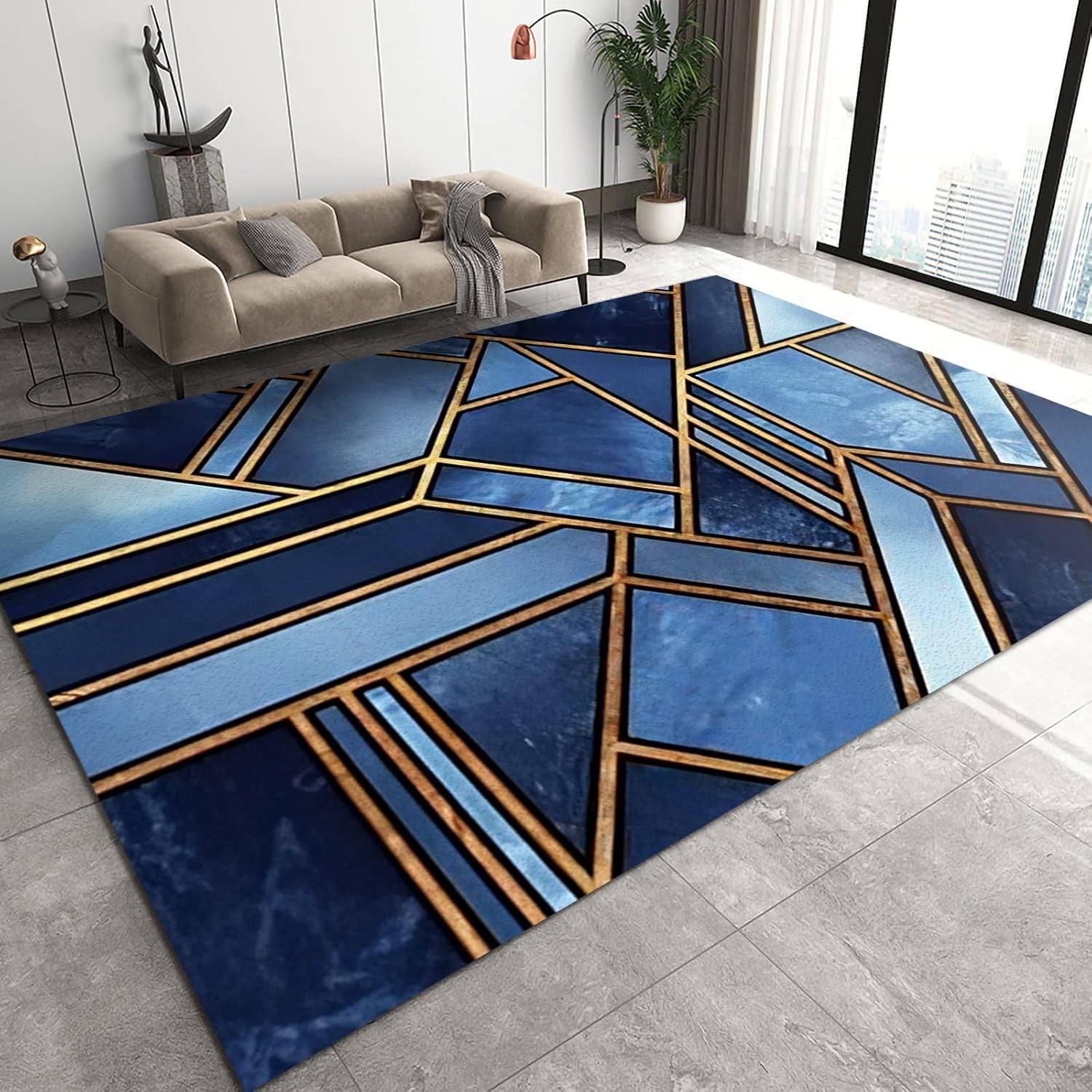 Dark Blue Geometric Marble Area Rugs, Luxurious Golden Yellow Irregular ...