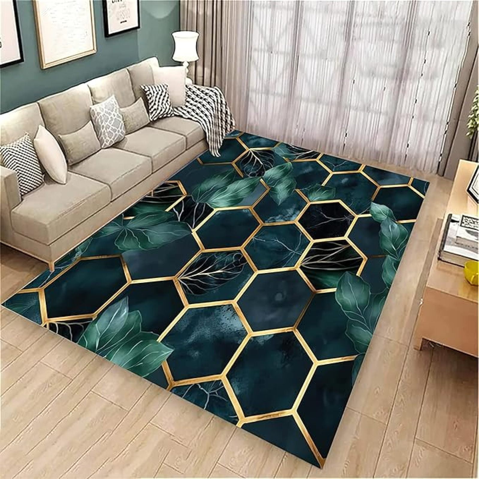 Dark Blue Geometry Area Rug, Golden Hexagon Pattern Non Slip Easy Care ...