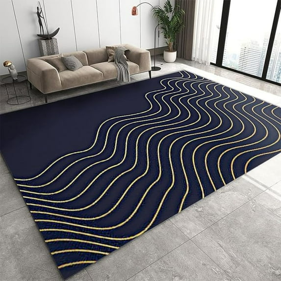 Dark Blue Gold Wavy Lines Area Rug, Gold Stripes Art Soft Washable ...