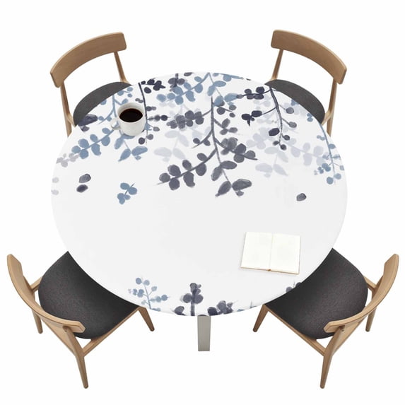 Dark Blue Gradient Leaf Round Fitted Tablecloth with Elastic Edge ...