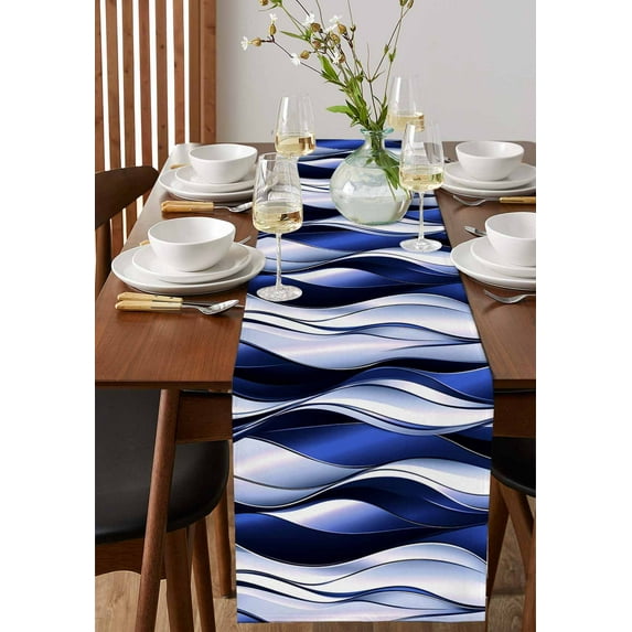 Dark Blue Gradient Stripe Table Runner 13x36in Non-Slip Cotton Linen ...