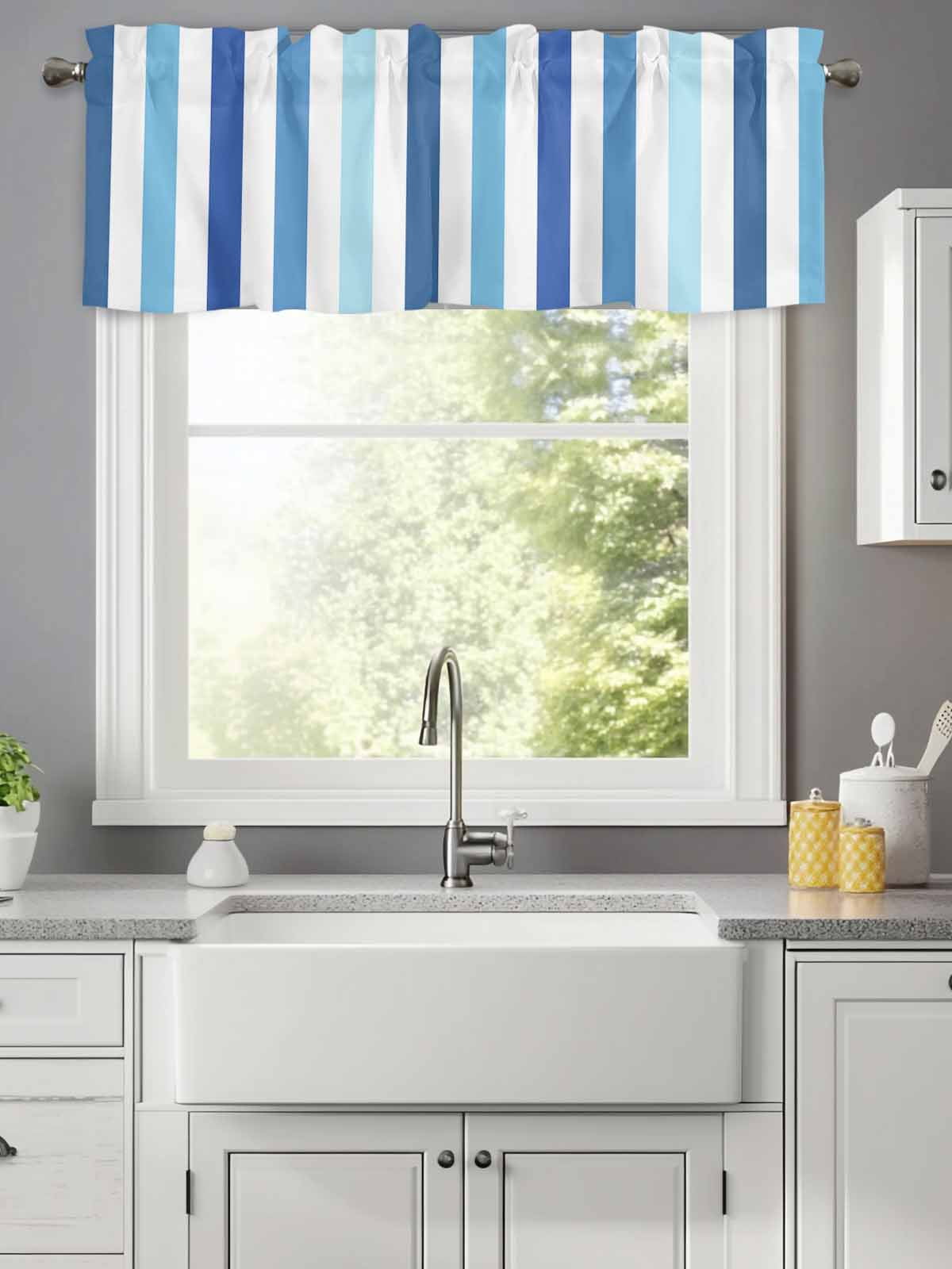 Dark Blue Gradient Stripe Valances for Windows,Kitchen Valance Rod ...