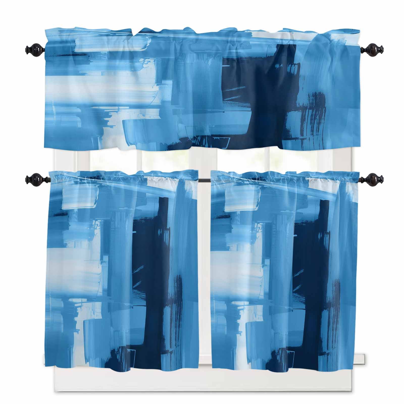 Dark Blue Graffiti Window Curtains Valance Set of 3 Abstract Ombre ...