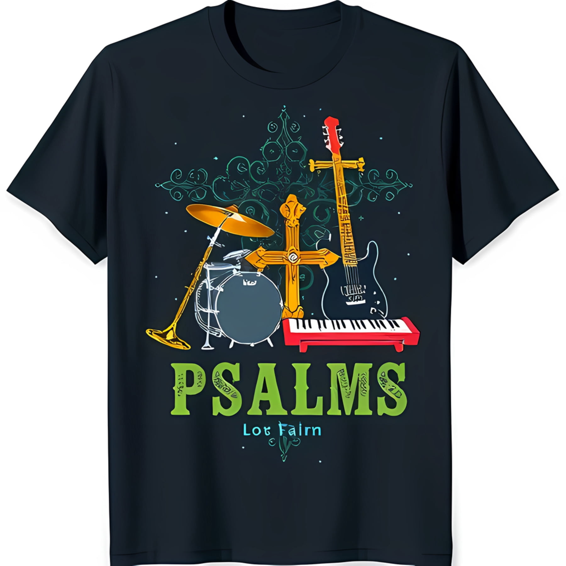 Dark Blue Graphic T-Shirt with Musical Instruments & 'Psalms' Design ...