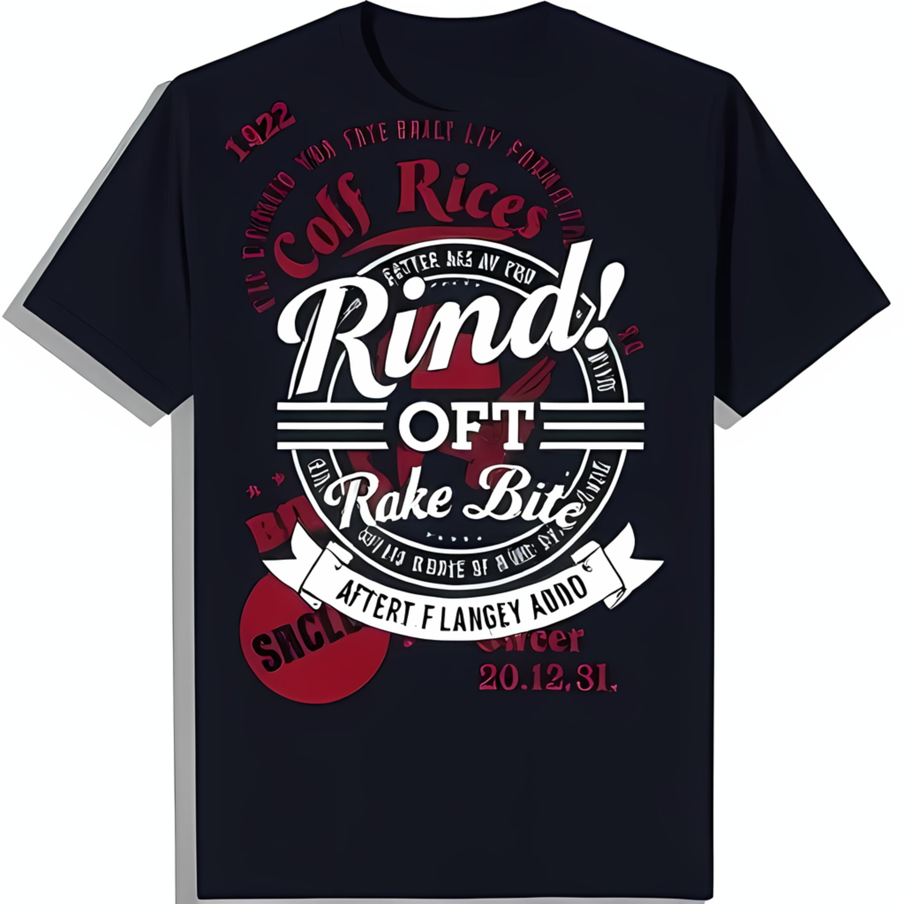 Dark Blue Graphic T-Shirt with 'Rind OFT' and 'Rake Bite' Design ...