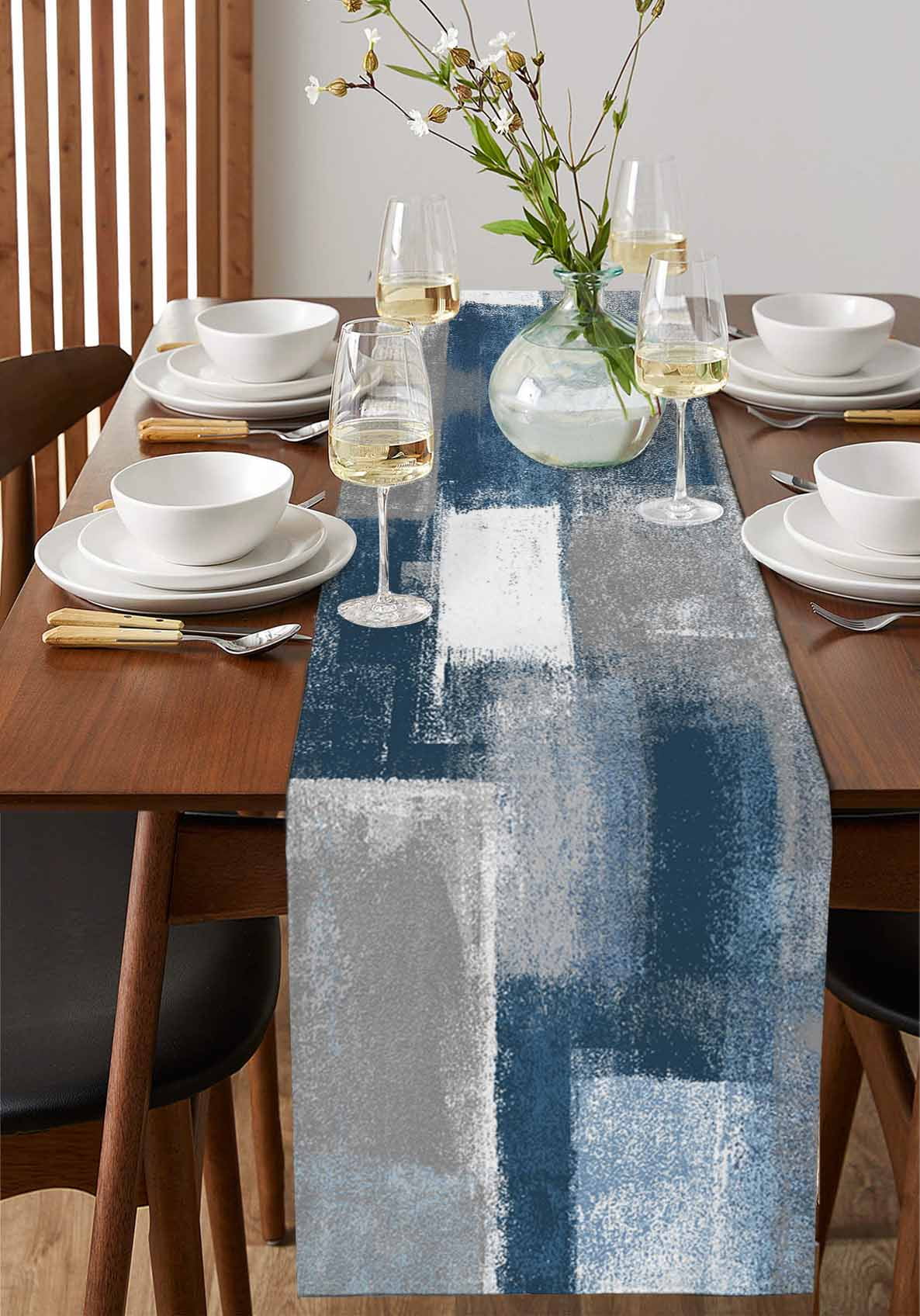 Dark Blue Gray Color Block Table Runner 13x70in Non-Slip Cotton Linen ...