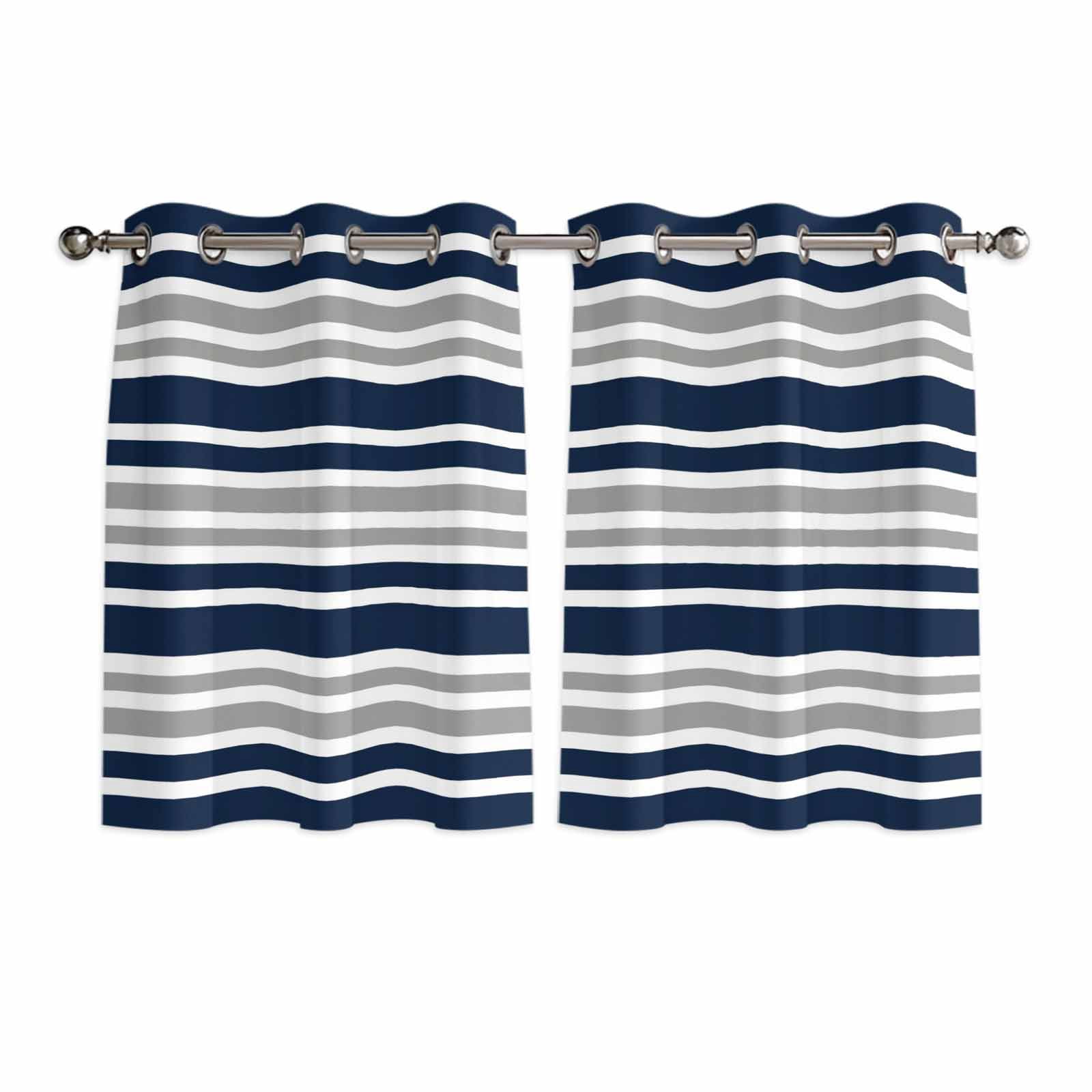 Dark Blue Gray Kitchen Curtains Short 54 Inch Length, Horizontal Stripe ...