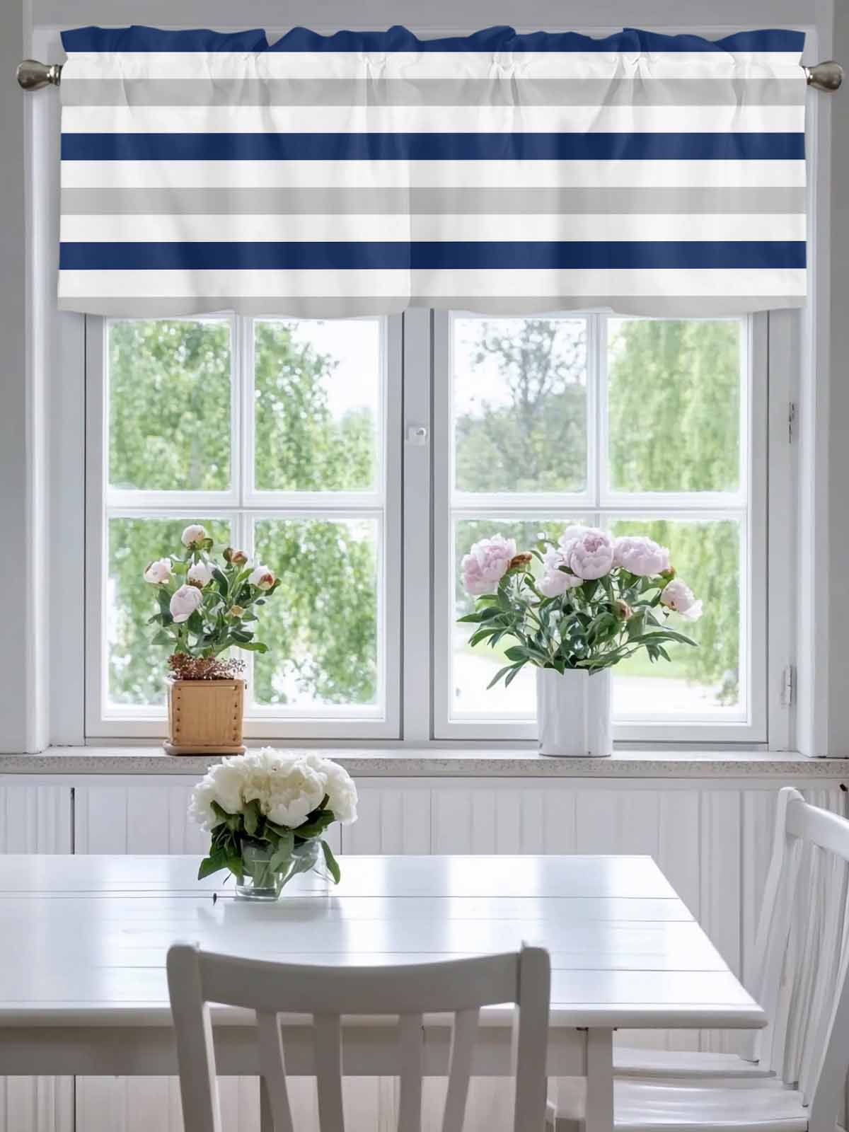Dark Blue Gray Stripe Valances for Windows,Kitchen Valance Rod Pocket ...