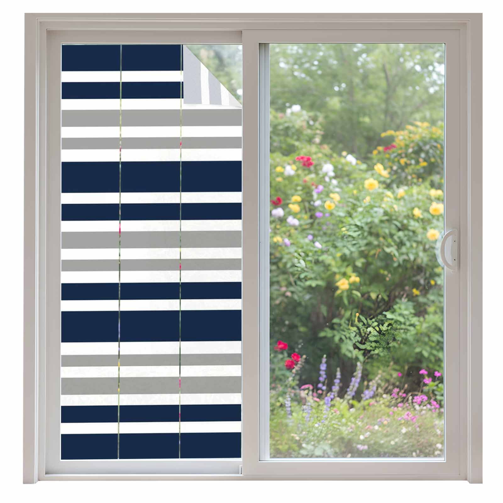 Dark Blue Gray Window Privacy Film, Horizontal Stripe Minimalist ...