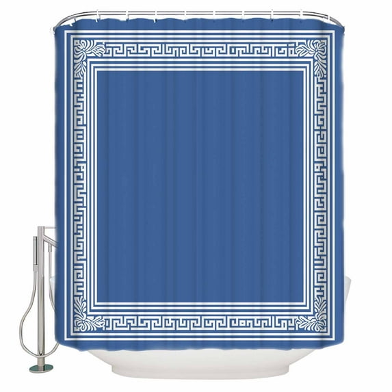 Dark Blue Greek Key Bathroom Shower Curtains with 12 Hooks Polyester ...