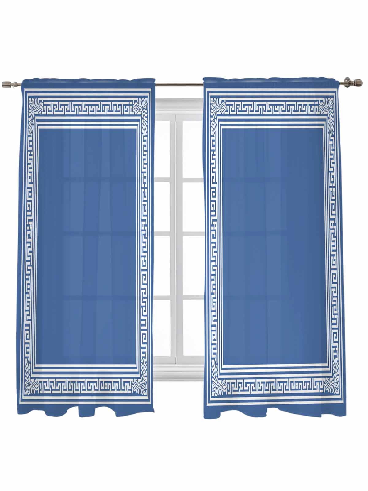 Dark Blue Greek Key Curtains 63 Inch Length,Sheer Curtains for Bedroom ...