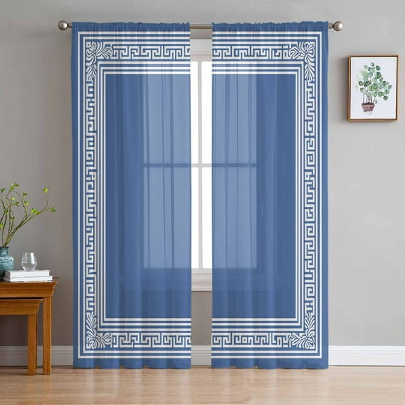 Dark Blue Greek Key Sheer Curtains 72 Inches Long 2 Panels Set, Window ...