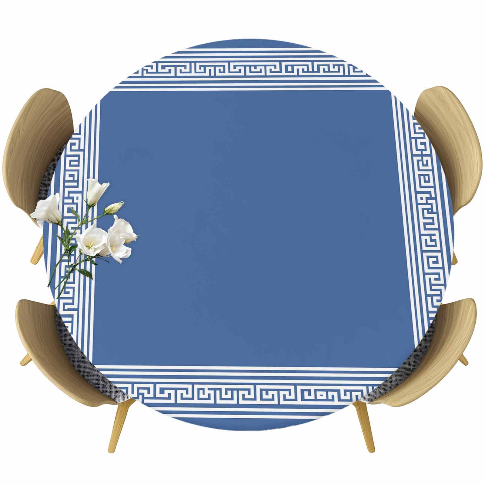 Dark Blue Greek Key Table Cloth, Round Fitted Tablecloths with Elastic ...