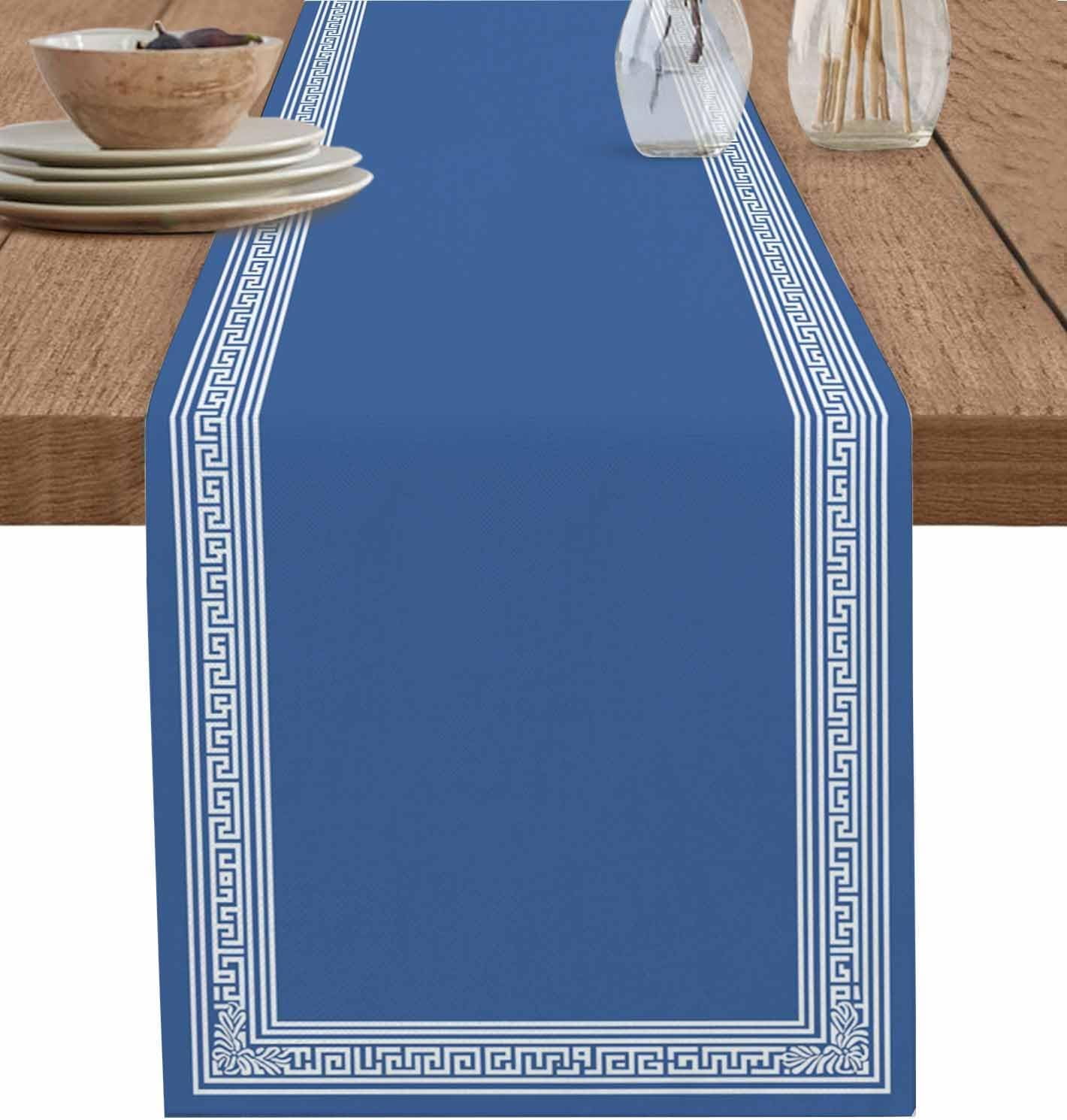 Dark Blue Greek Key Table Runners 90 Inches Long, Cotton Linen Fabric ...