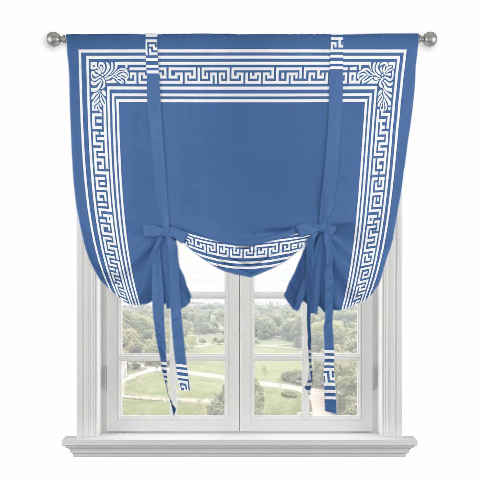 Dark Blue Greek Key Tie Up Curtain Valance for Window,Adjustable Rod ...