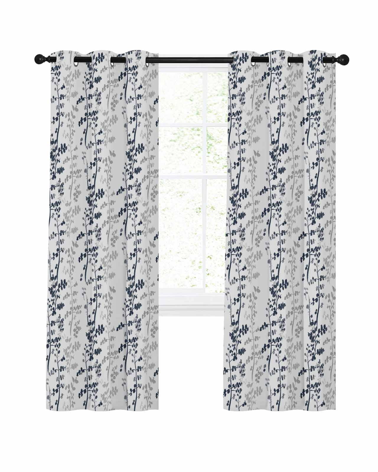 Dark Blue Grey Botanical Blackout Curtains, Light Blocking Print Window ...