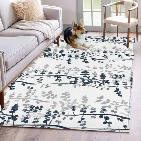 Dark Blue and Grey Leaf Area Rugs 4x6 ft Abstract Farm Plants Floral ...