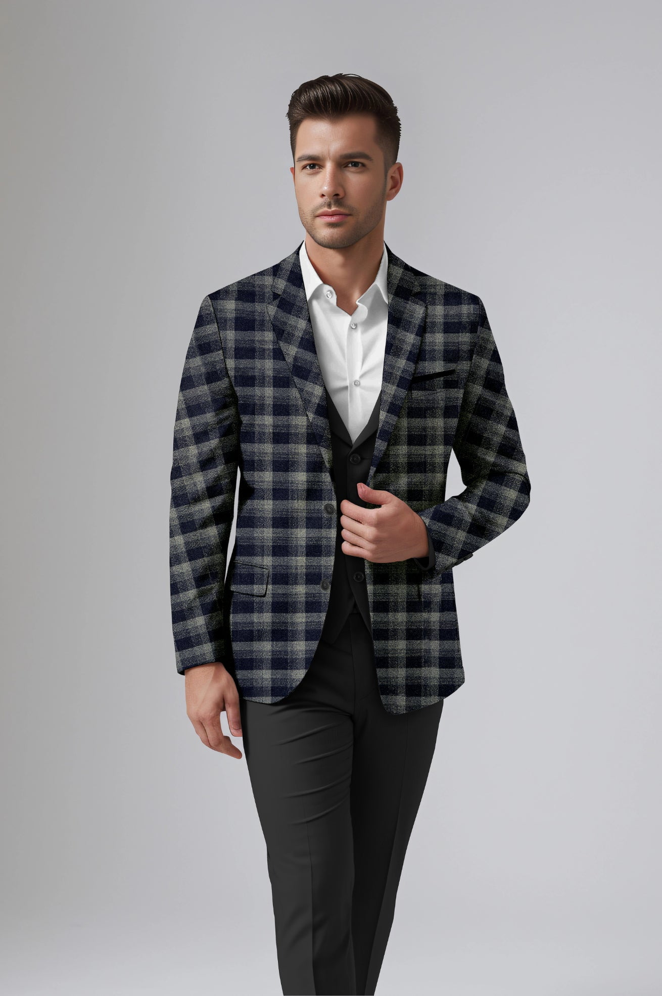 Dark Blue Grey Men's Party Checkered Suit Jacket Slim Fit Blazer ...