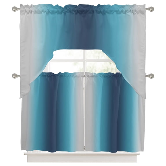 Dark Blue Grey Ombre 3 Pieces Swag Kitchen Curtains Set, Modern ...