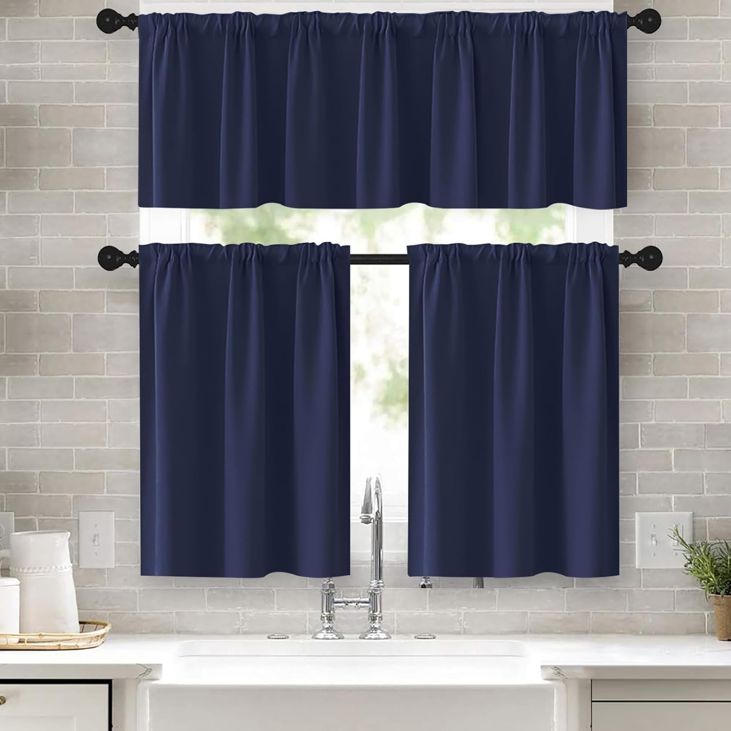 Dark Blue Kitchen Curtains and Valances Set 36 Inch Length, Short Tier ...