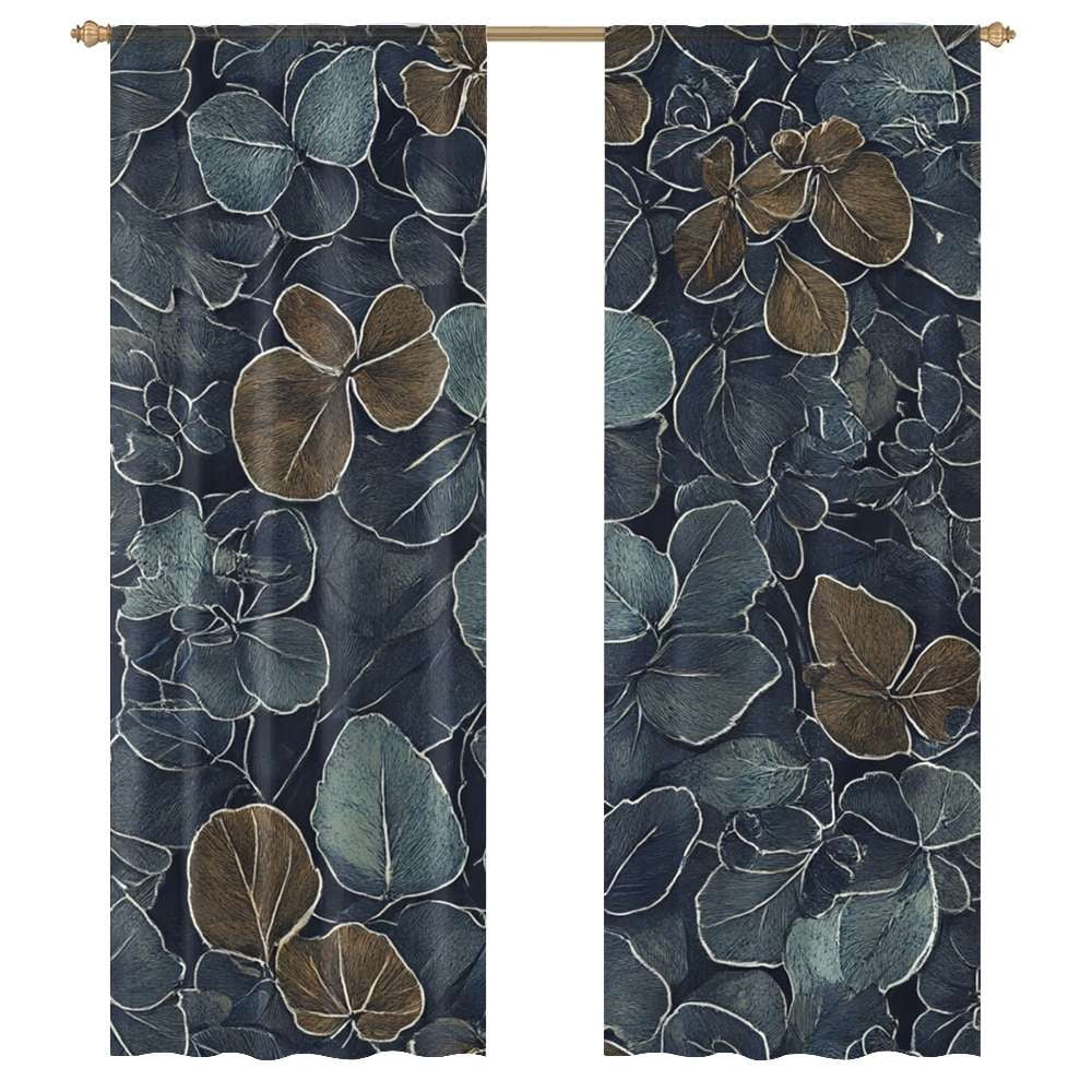 Dark Blue Leaf Pattern Art Tulle Curtains For Living Room Chiffon Sheer ...